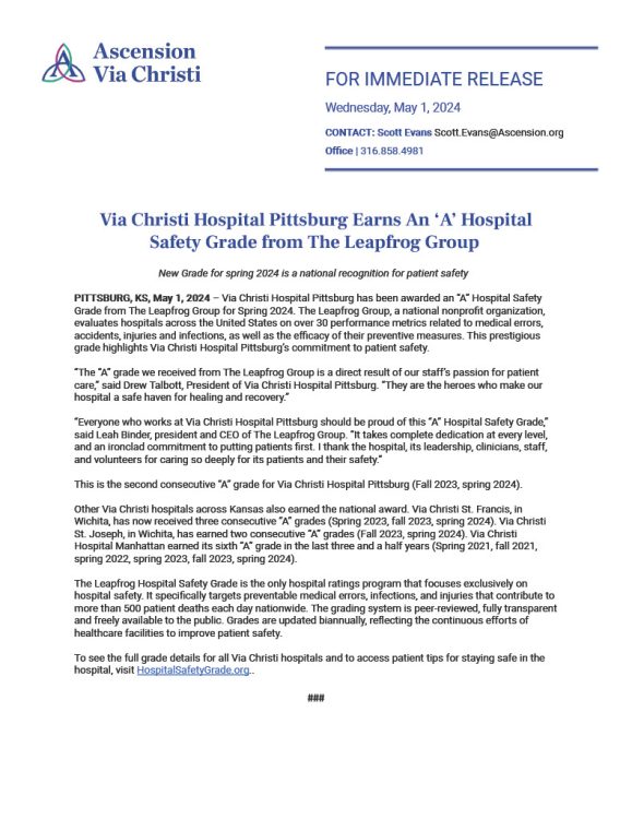 Via Christi Hospital Earns An “A” Hospital Safety Grade | Fort Scott Biz